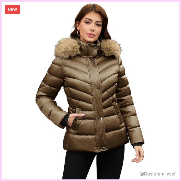 Jackets & Coats | Shiny Puffer Coat With Detachable Faux Fur Collar ...